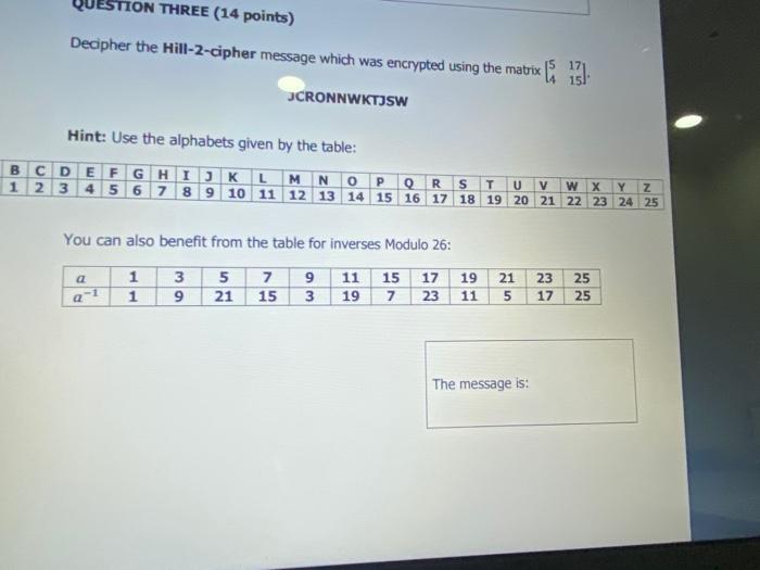 Solved UESTION THREE (14 points) Decipher the Hill-2-cipher | Chegg.com