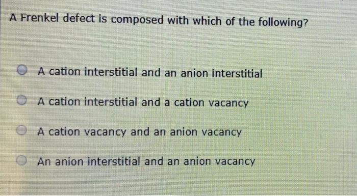 Solved A Frenkel defect is composed with which of the | Chegg.com