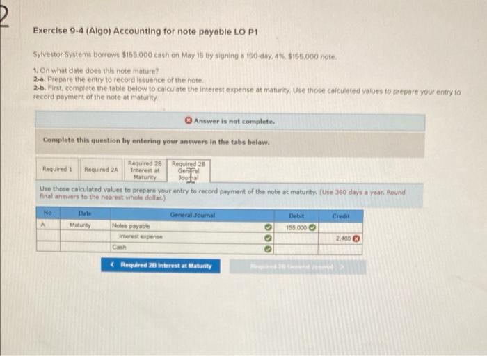 Solved 2 Exercise 9-4 (Algo) Accounting for note payable LO | Chegg.com