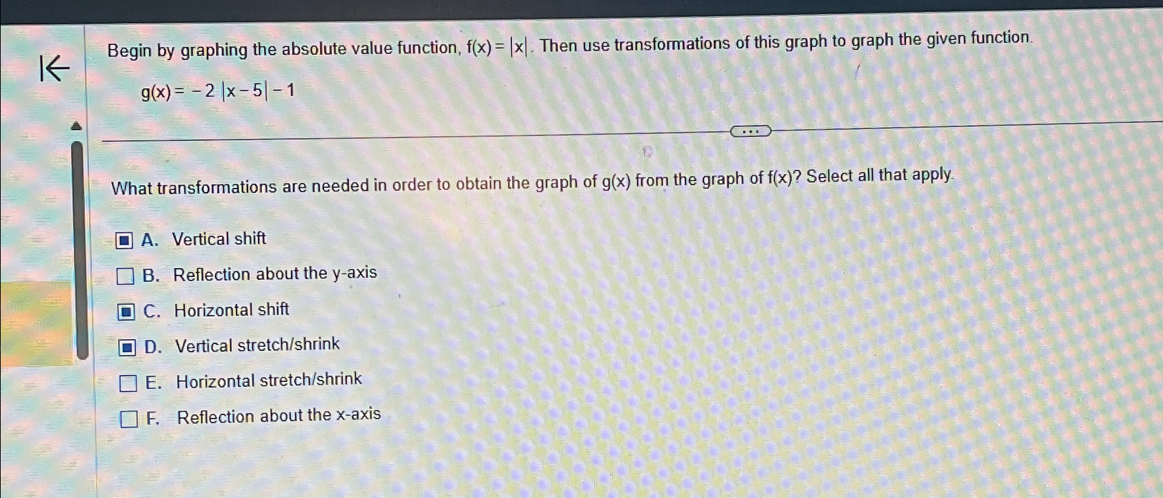 Solved Begin by graphing the absolute value function, | Chegg.com
