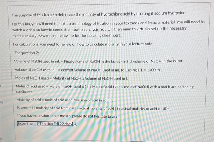 Solved Lab 9 - Titration to Determine Concentration of Acid | Chegg.com