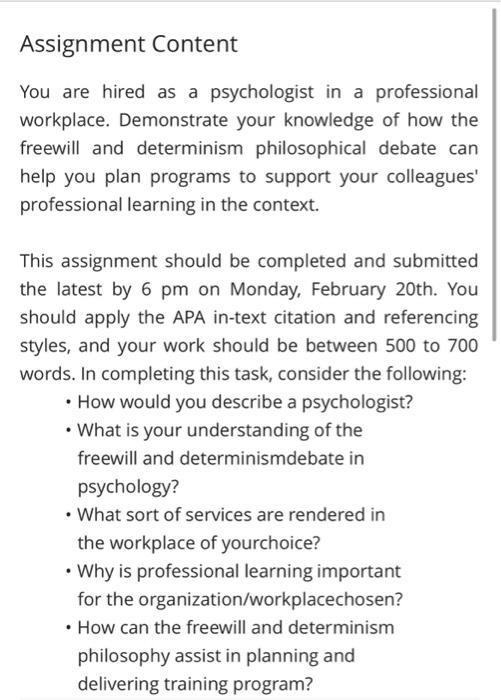 Solved Assignment Content You are hired as a psychologist in | Chegg.com