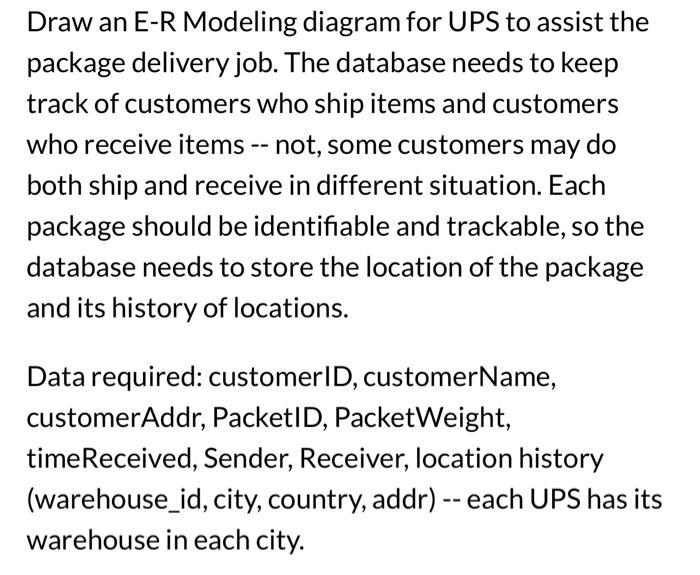 Solved Draw an E-R Modeling diagram for UPS to assist the | Chegg.com