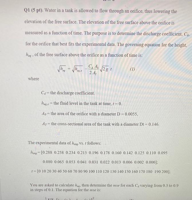 Solved Q1 (5pt). Water in a tank is allowed to flow through | Chegg.com