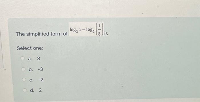 Solved The simplified form of log21−log2(81) is Select one: | Chegg.com