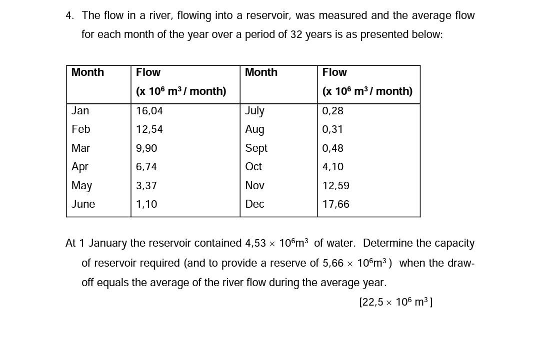 Solved 4. The flow in a river, flowing into a reservoir, was | Chegg.com