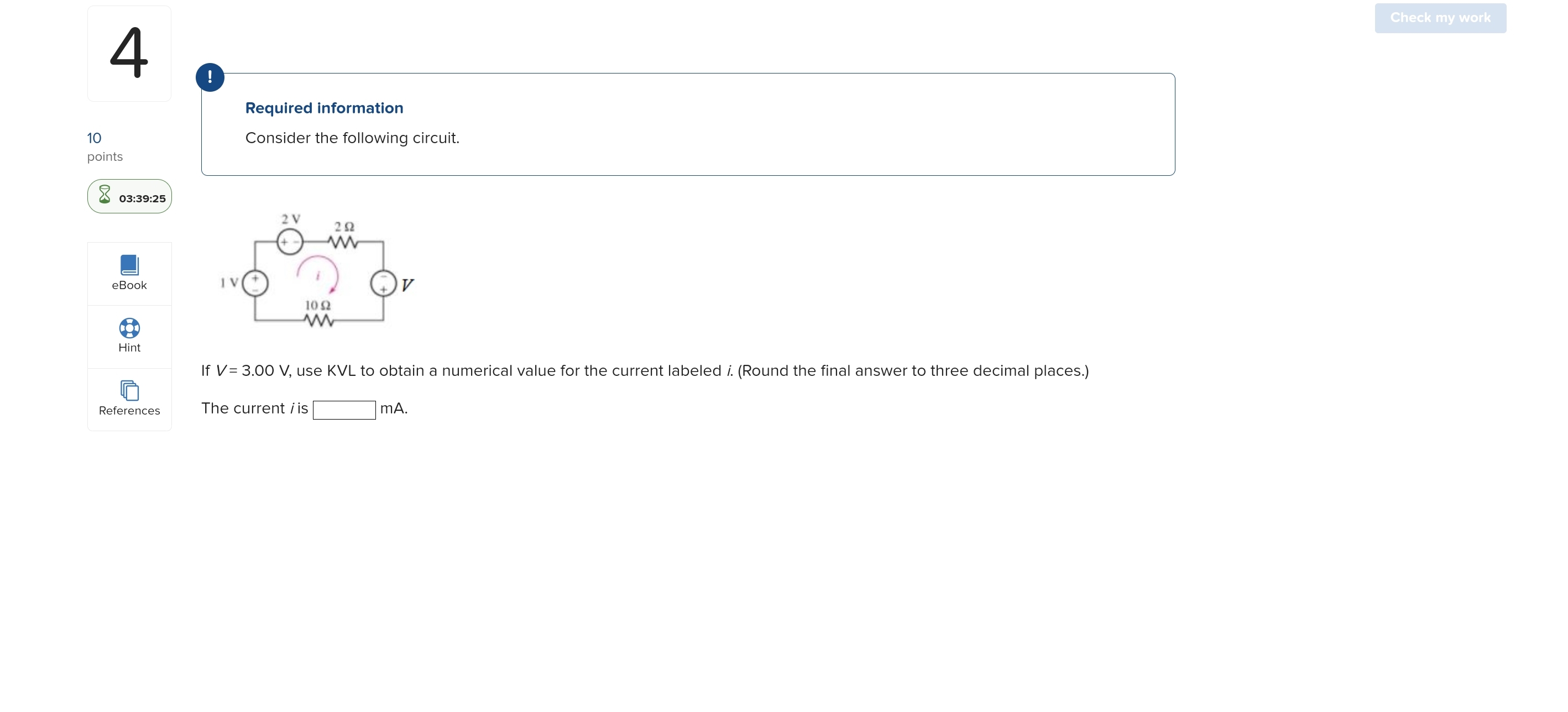 Solved If V=3.00V, ﻿use KVL ﻿to obtain a numerical value for | Chegg.com