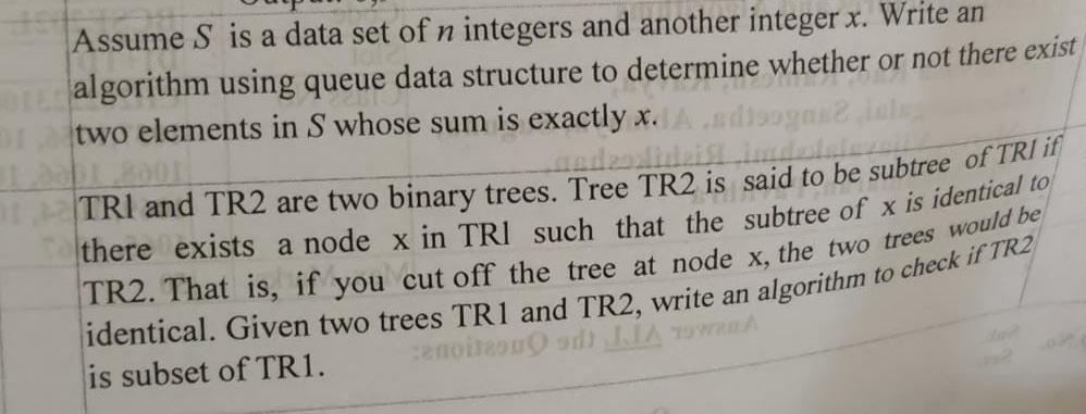 Solved Assume S is a data set of n integers and another | Chegg.com