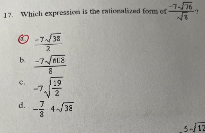 Solved which expression is the rationalized form of -7 | Chegg.com