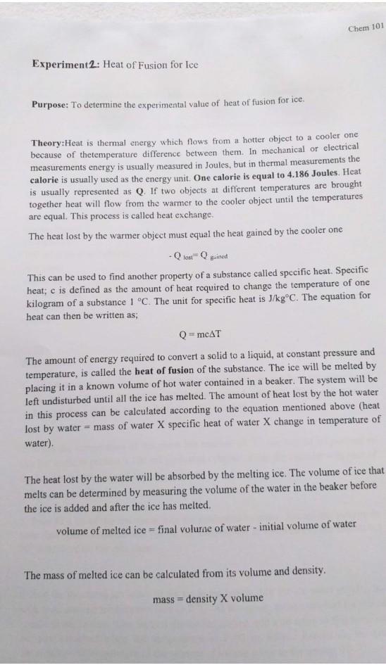 Solved Chem 101 Experiment2: Heat of Fusion for Ice Purpose: | Chegg.com