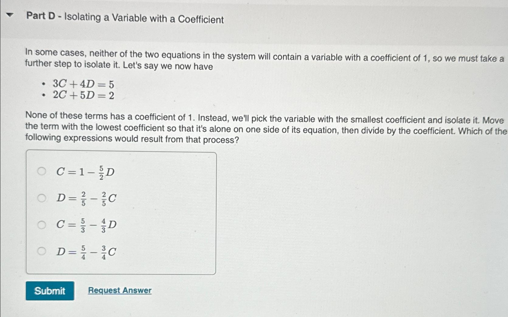 Solved Part D - ﻿Isolating a Variable with a CoefficientIn | Chegg.com