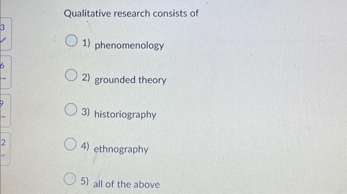 Solved Qualitative research consists of 1) phenomenology 2) | Chegg.com