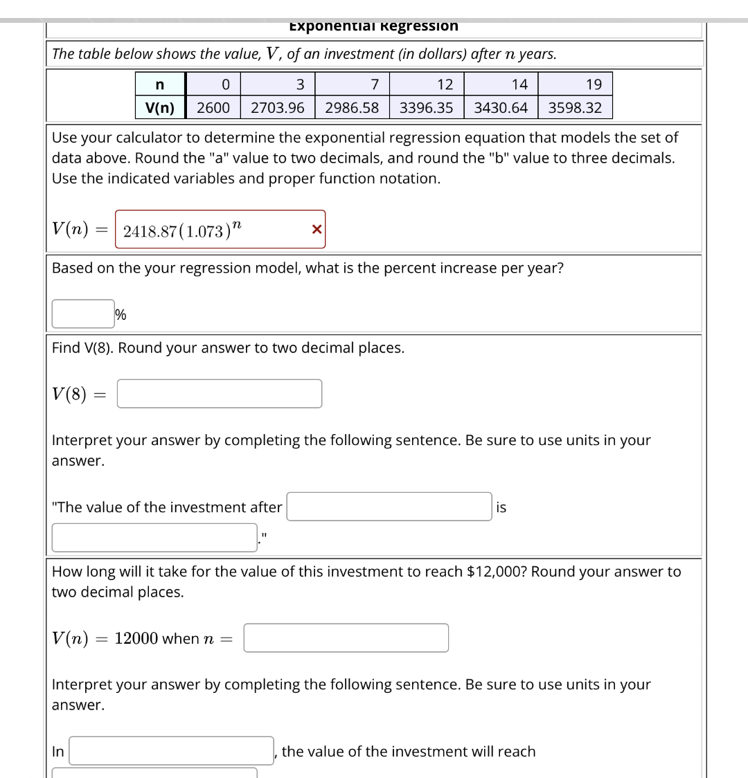 Solved Exponential Regression The table below shows the | Chegg.com