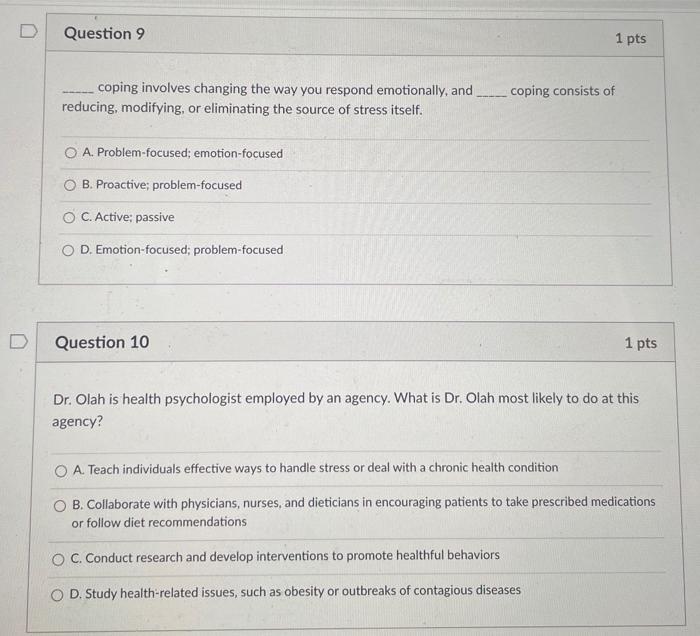 Solved Question 9 1 pts coping involves changing the way you | Chegg.com