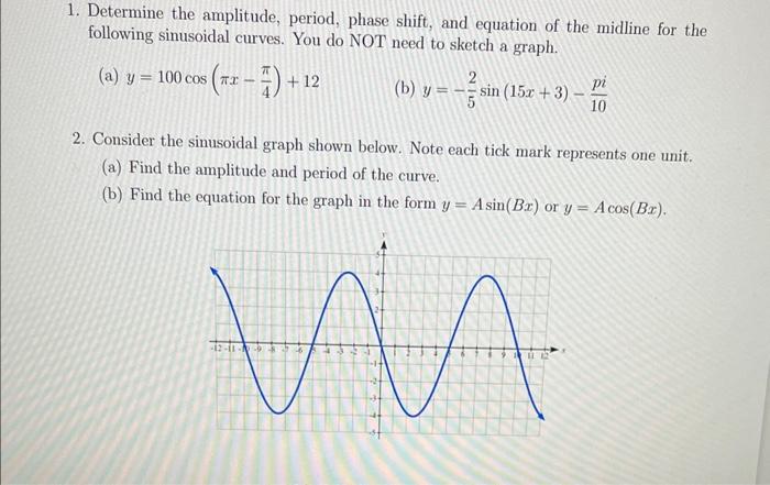 Solved 1. Determine the amplitude, period, phase shift, and | Chegg.com