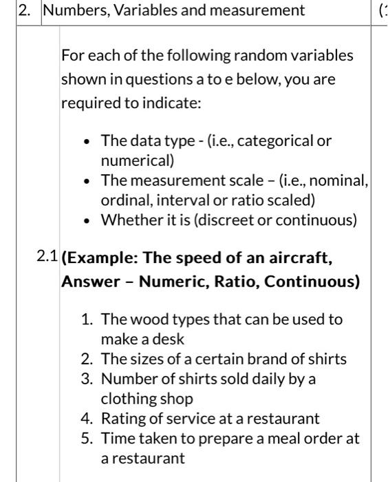 Solved 2. Numbers, Variables and measurement For each of the | Chegg.com