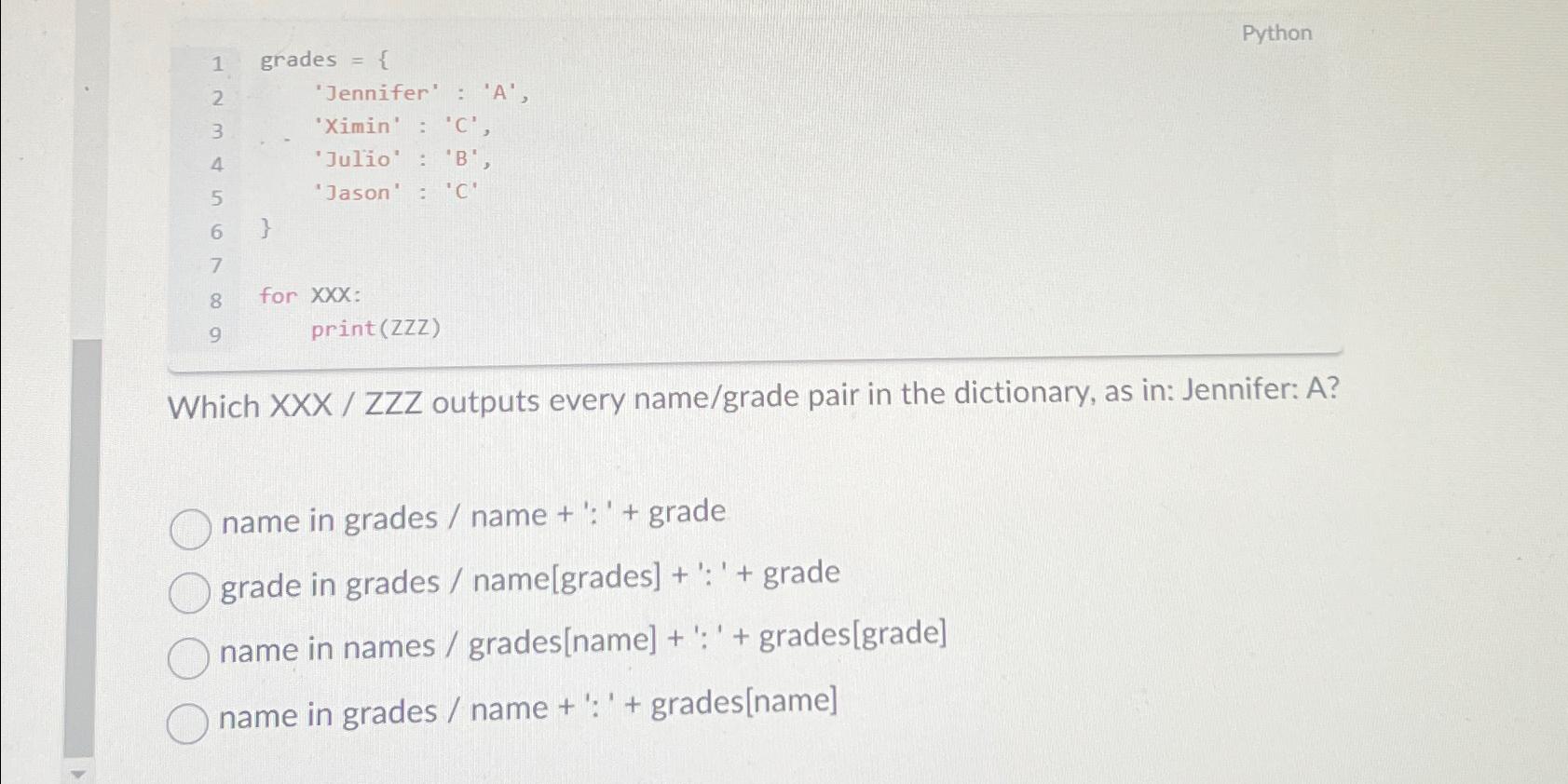 Solved grades 'Jennifer' : ' A ','Ximin' : 'C','Julio' : | Chegg.com