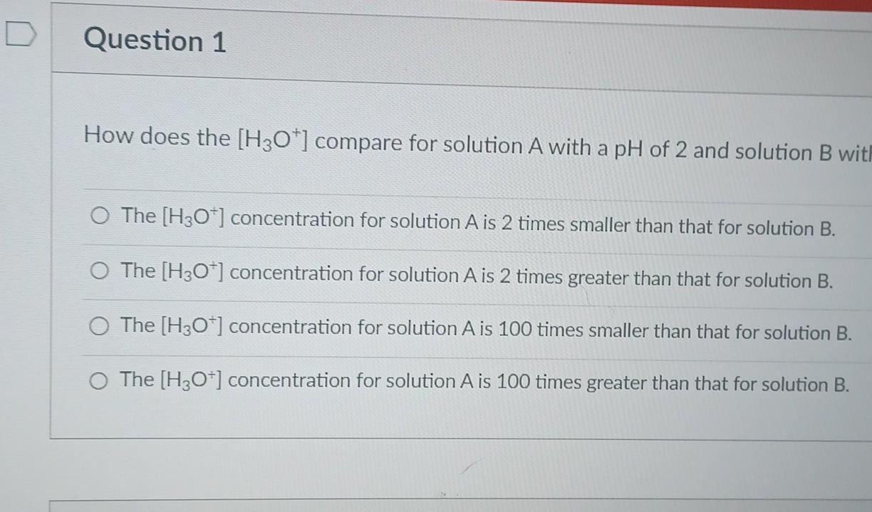 Solved How does the [H3O+]compare for solution A with a pH | Chegg.com