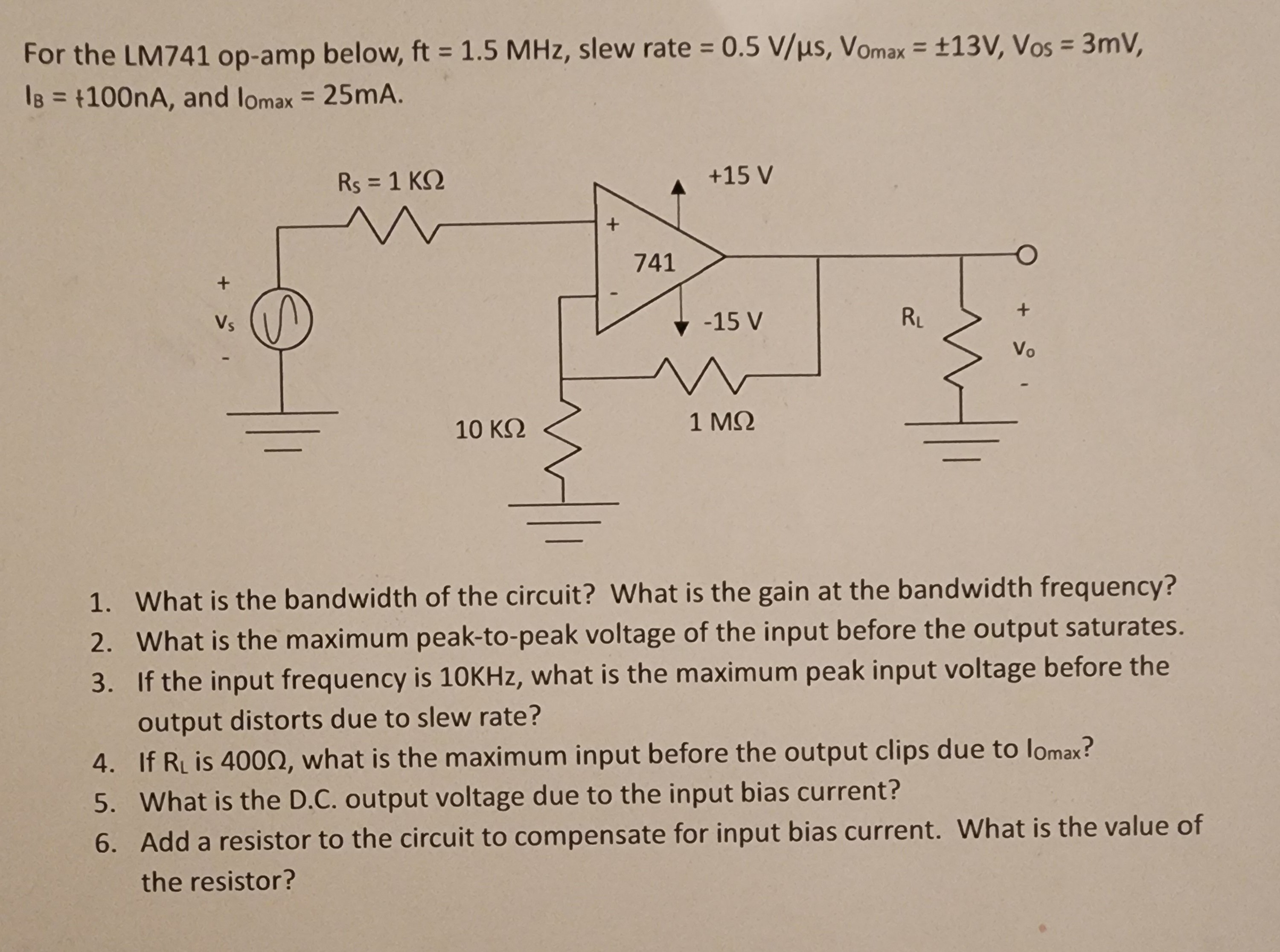 Solved For the LM741 ﻿op-amp below, ft=1.5MHz, ﻿slew rate | Chegg.com