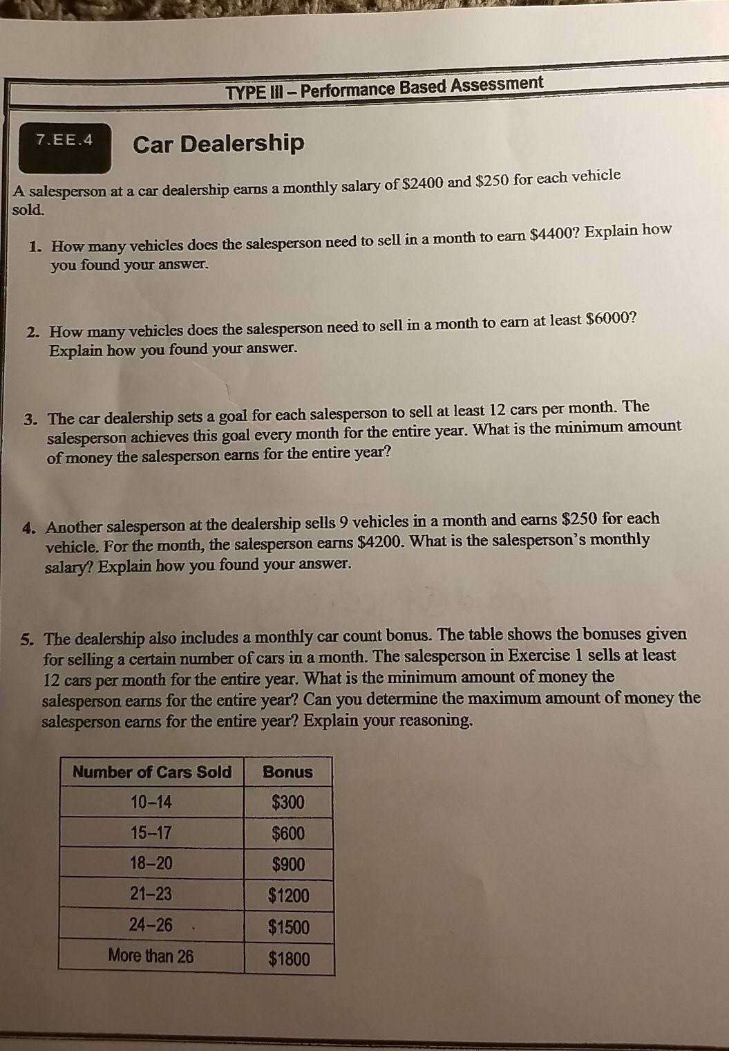 Solved TYPE I - Performance Based Assessment 7.EE.4 Car | Chegg.com