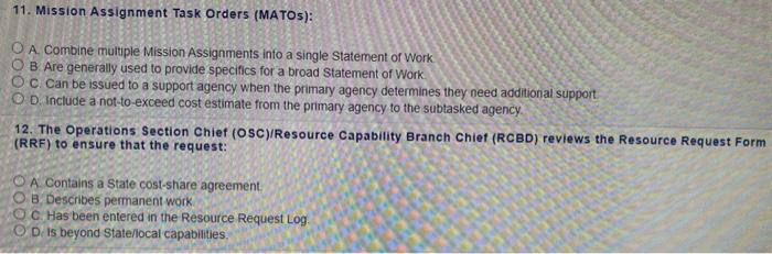 11. Mission Assignment Task Orders (MATOs): A. | Chegg.com