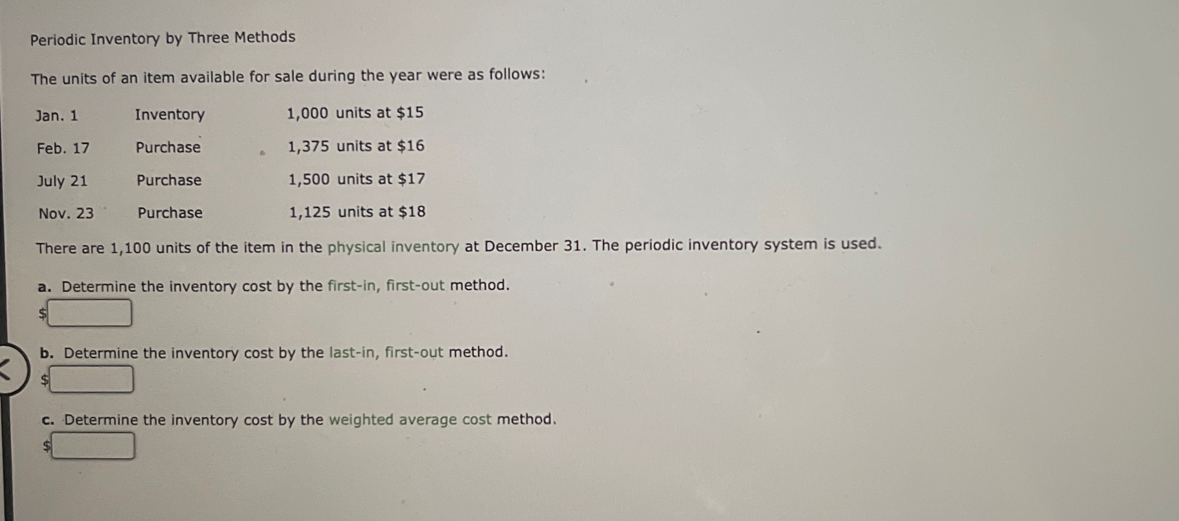 Solved Periodic Inventory by Three MethodsThe units of an | Chegg.com
