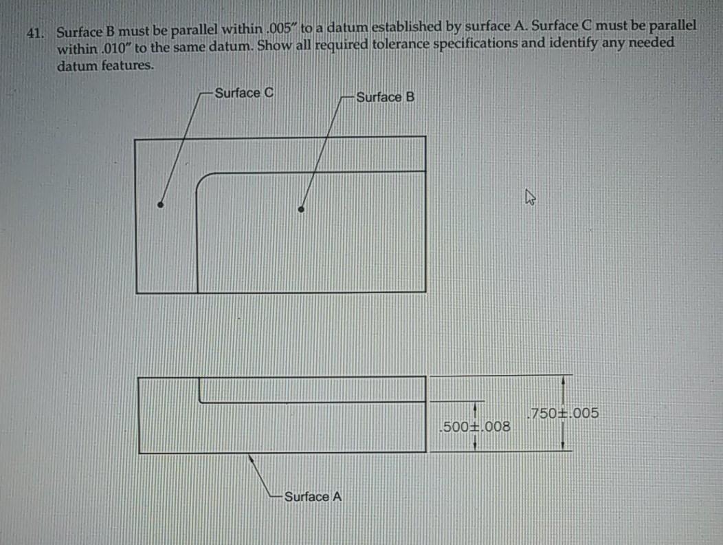 Solved 41. Surface B must be parallel within.005” to a datum | Chegg.com