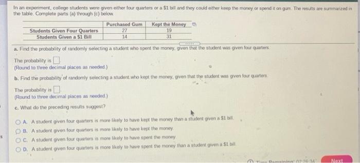 Solved 27 14 19 31 In an experiment, college students were | Chegg.com