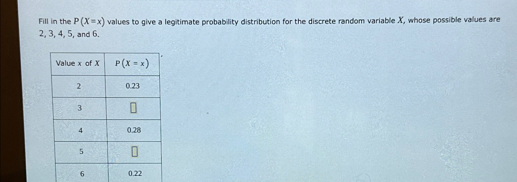 Solved Fill in the P(x=x) ﻿values to give a legitimate | Chegg.com