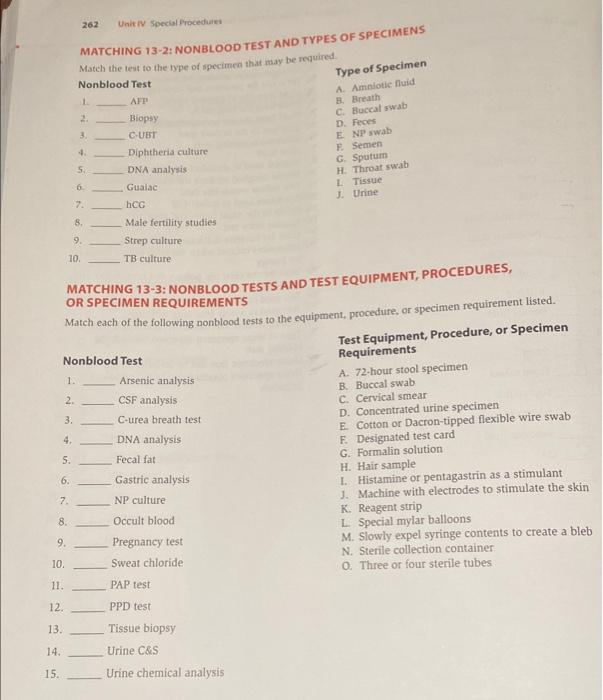 Solved 262 Unit IV Special Procedures MATCHING 13-2: | Chegg.com