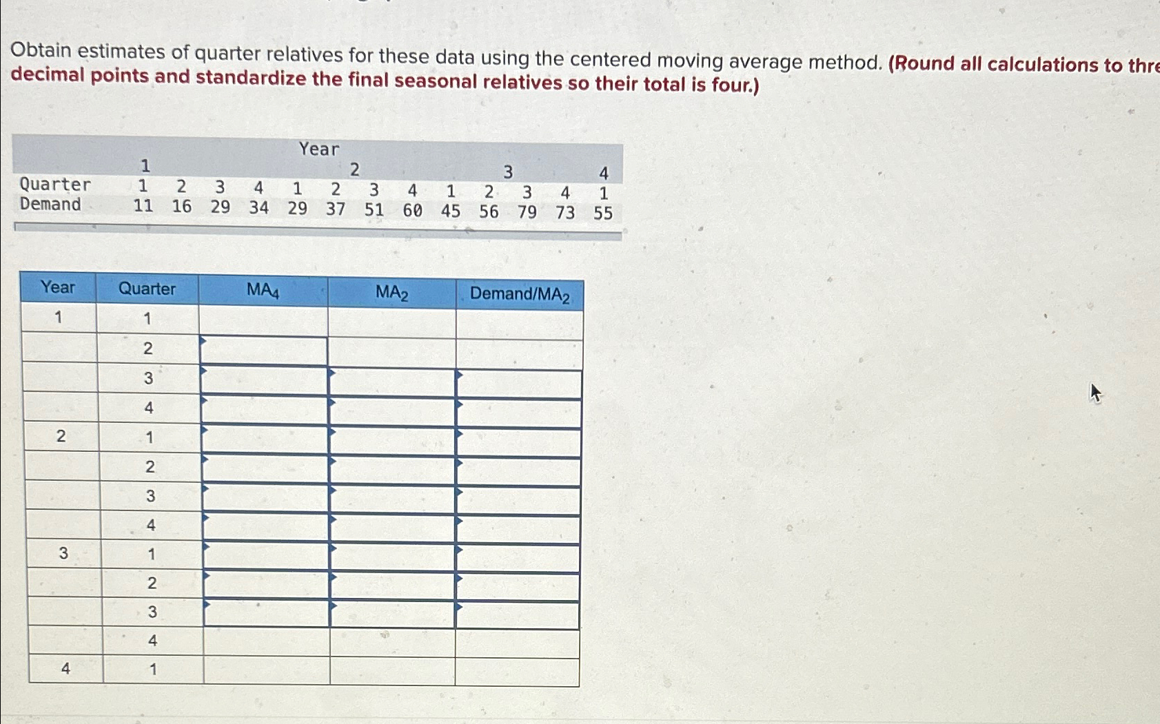 Solved Obtain Estimates Of Quarter Relatives For These Data