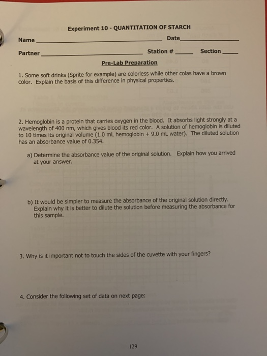 Solved Experiment 10 - QUANTITATION OF STARCH Name - Date | Chegg.com