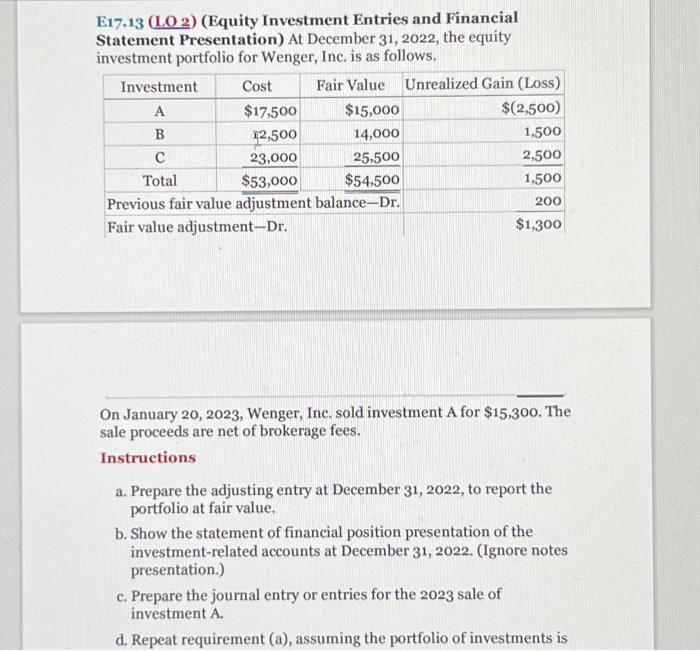 Solved E17.13 (LO 2) (Equity Investment Entries and | Chegg.com
