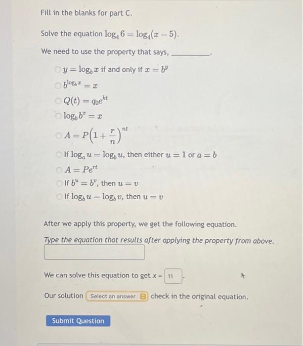 Solved Solve the equation log46=log4(x−5) We need to use the | Chegg.com