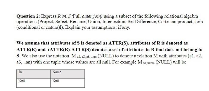 Solved Question 2: Express RDS S(Full outer join) using a | Chegg.com
