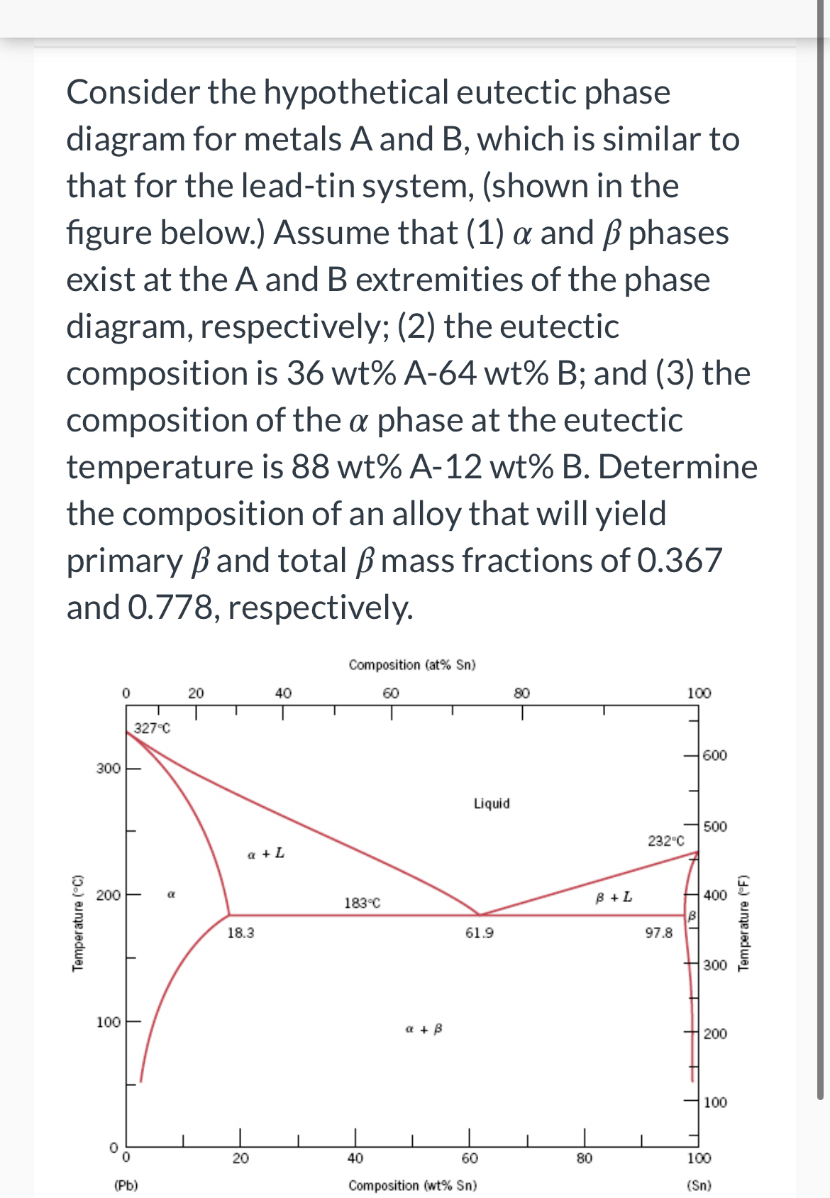 Solved Consider the hypothetical eutectic phase diagram for | Chegg.com
