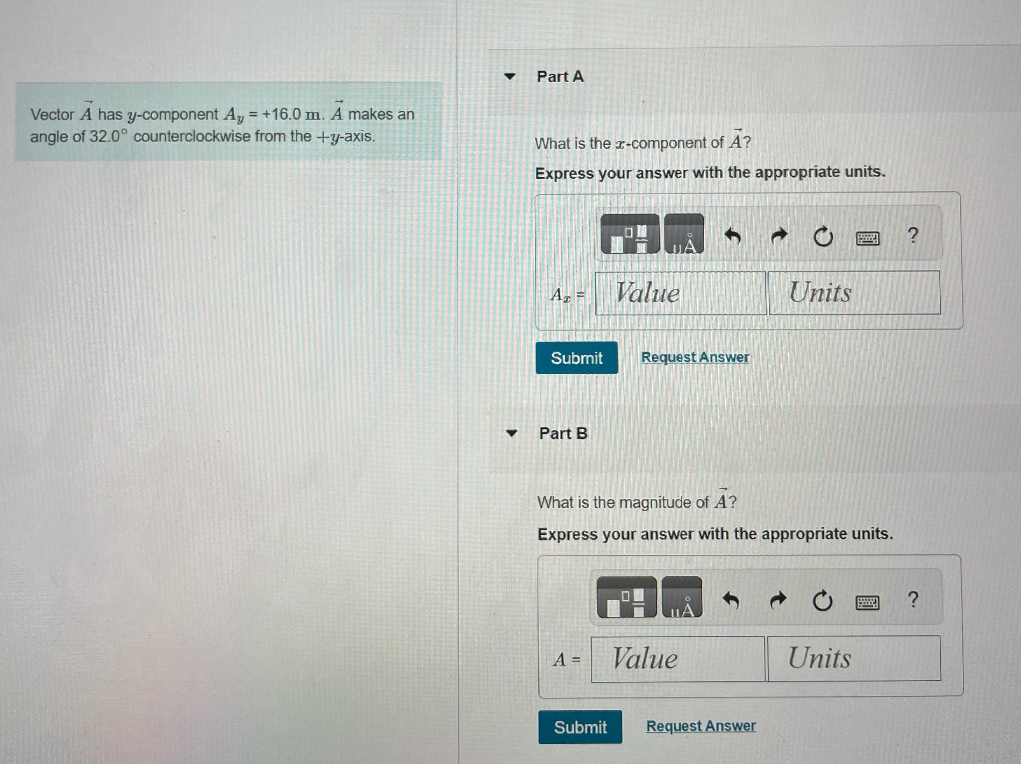 Solved Part AVector vec(A) ﻿has y-component Ay=+16.0m*vec(A) | Chegg.com