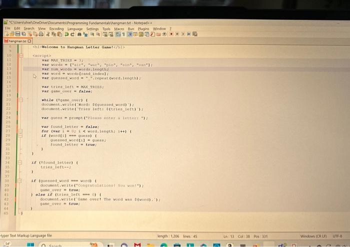 Solved I need help writing JavaScript for my "Hangman" game | Chegg.com