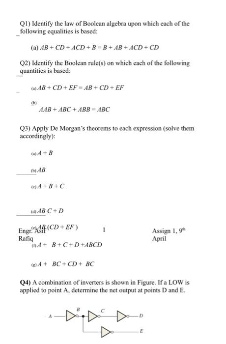 Solved Q1) Identify the law of Boolean algebra upon which | Chegg.com
