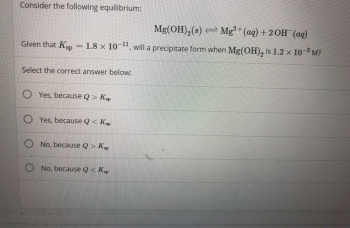 Solved Consider The Following Equilibrium Mg Oh S Mg²