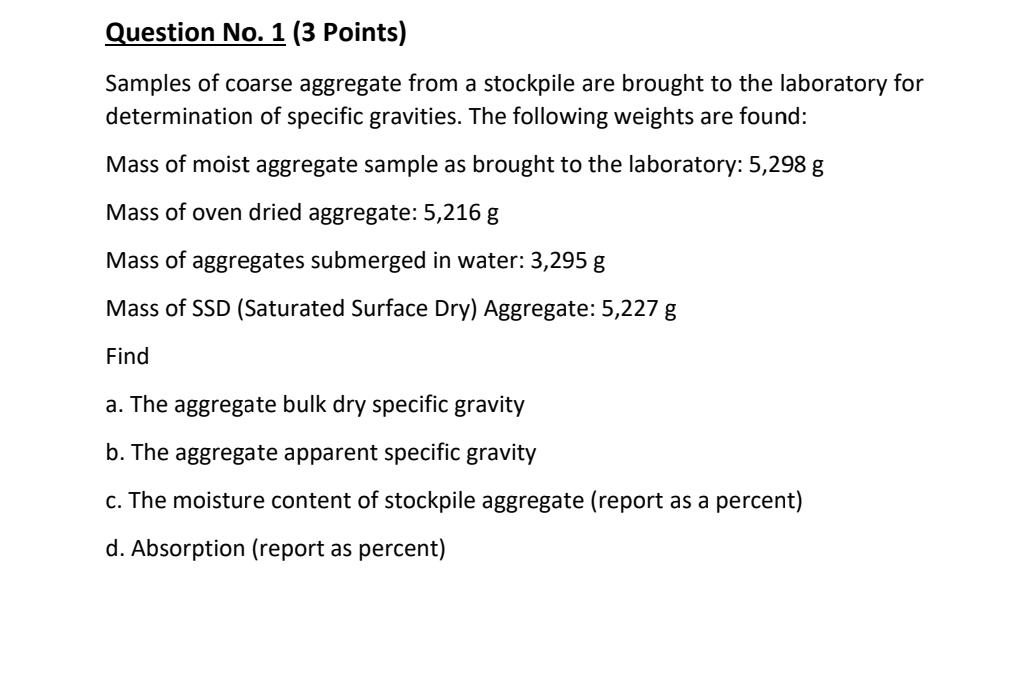 Solved Question No. 1 (3 ﻿Points)Samples of coarse aggregate | Chegg.com