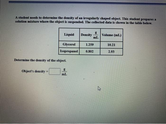 Solved A student needs to determine the density of an | Chegg.com