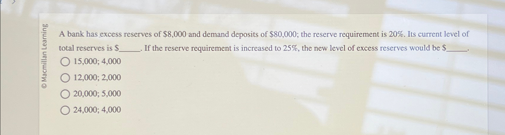 Solved A bank has excess reserves of $8,000 ﻿and demand | Chegg.com