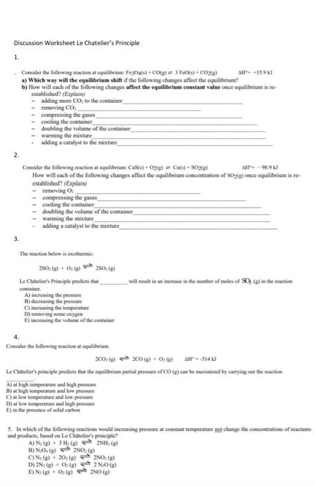 Solved Discussion Worksheet Le Chatelier's Principle | Chegg.com