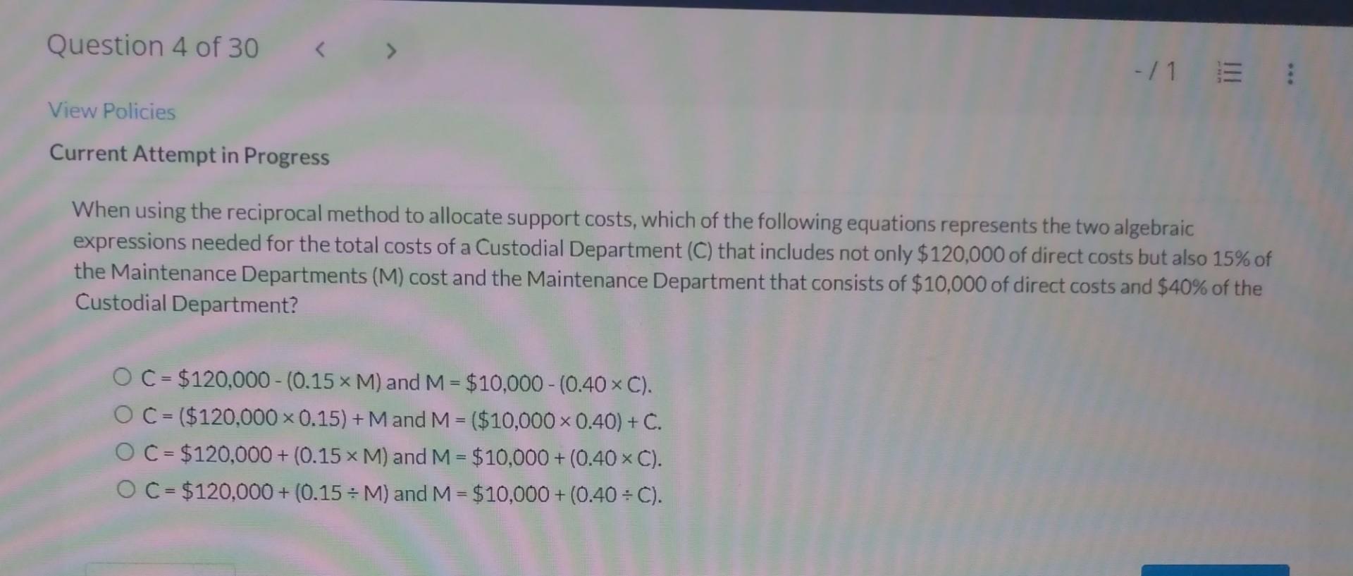 Solved When using the reciprocal method to allocate support | Chegg.com