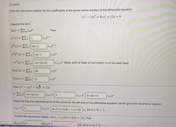 Solved (1 point) Find the recurrence relation for the | Chegg.com