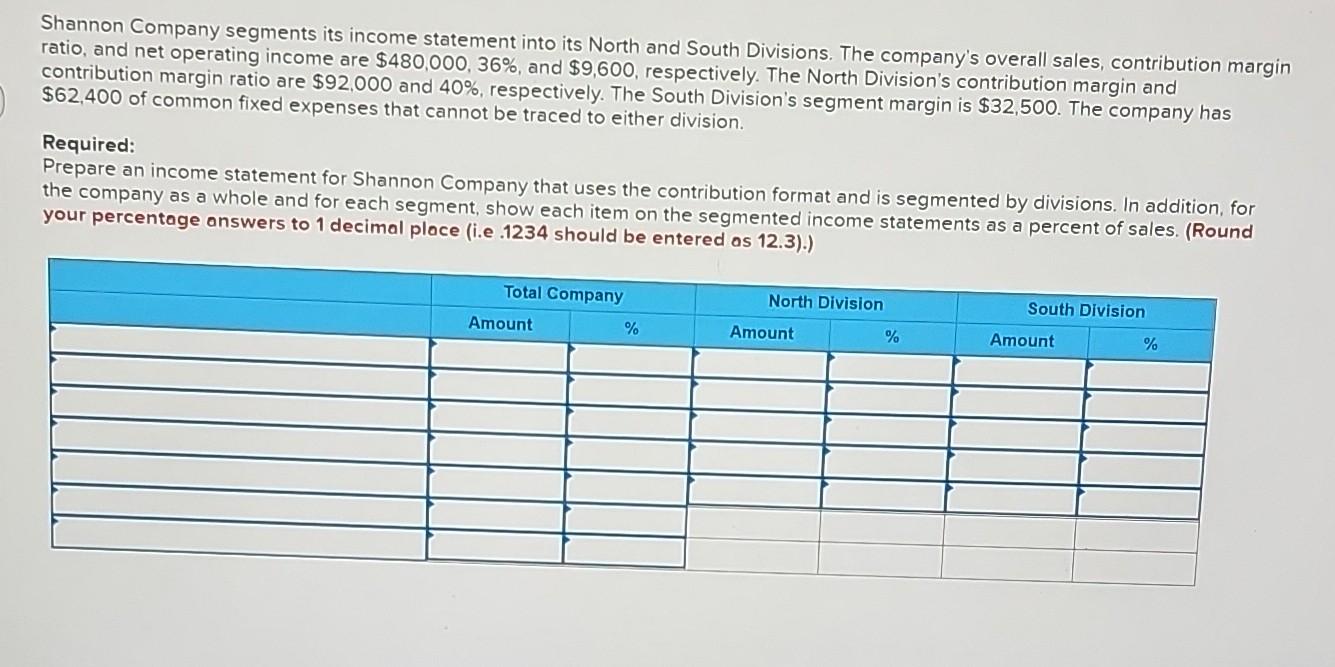 Solved Shannon Company segments its income statement into | Chegg.com