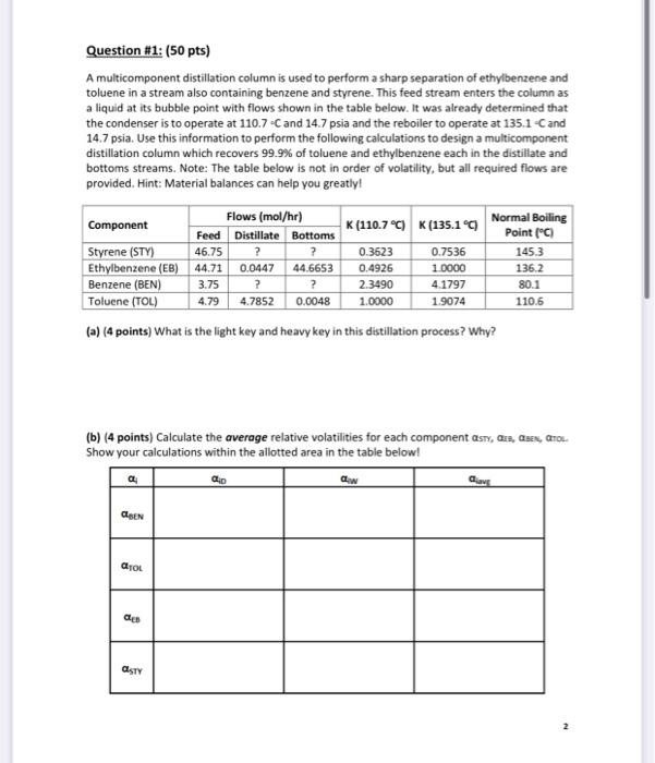 Solved Question \#1: (50 pts) A multicomponent distillation | Chegg.com