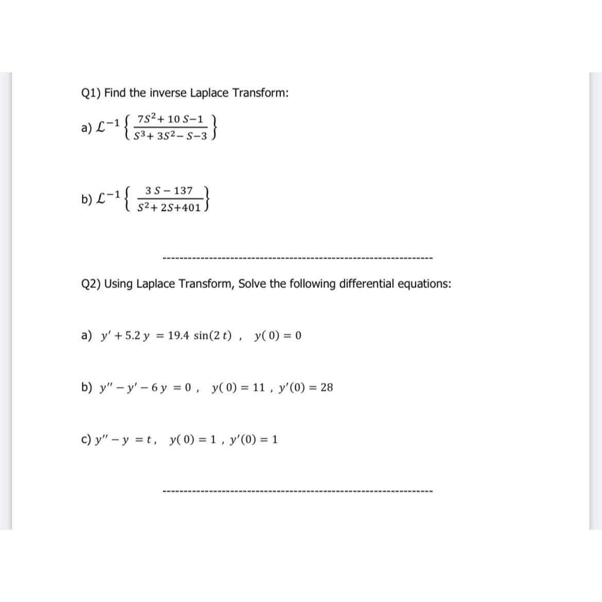 Solved Q1) ﻿Find the inverse Laplace | Chegg.com