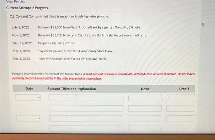 [Solved]: Current Attempt in Progress CS. Concord Company h